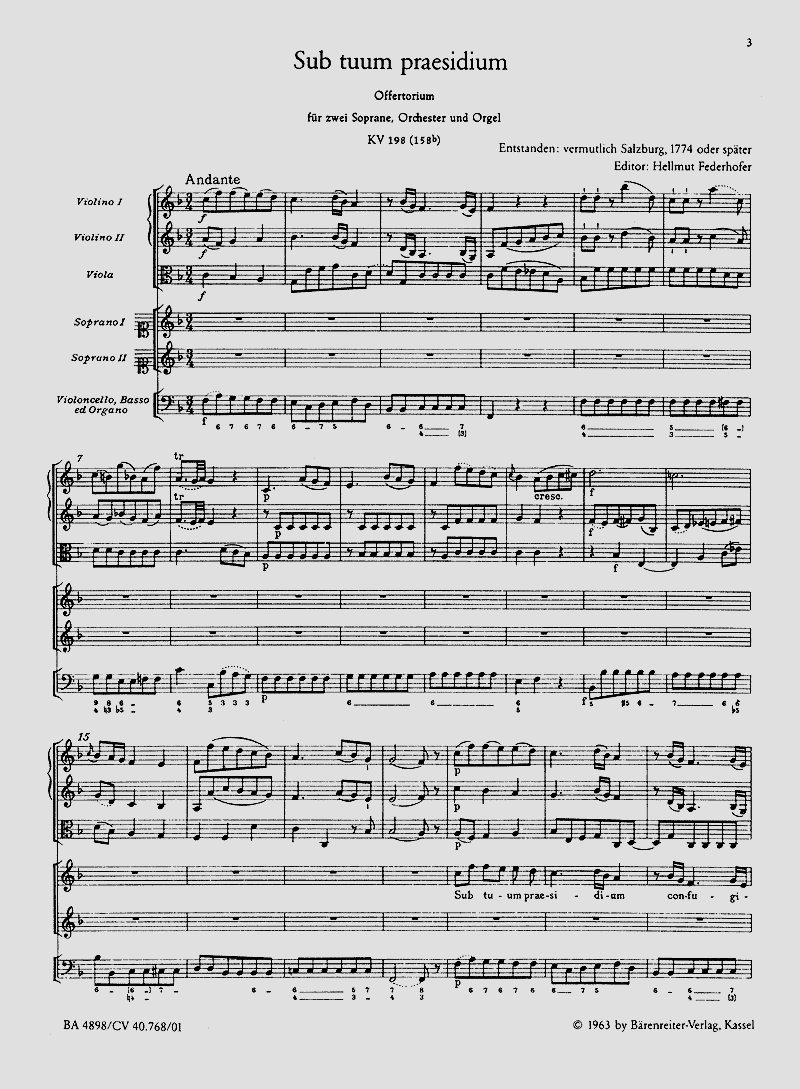 Sub tuum praesidium (W.A. Mozart) » Sheet Music for Ensemble (Part)