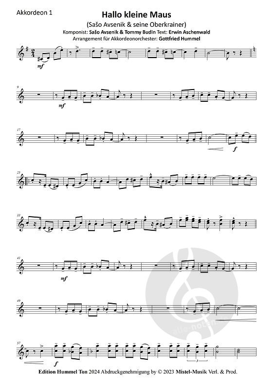 Hallo kleine Maus by Sašo Avsenik » Sheet Music for Accordion