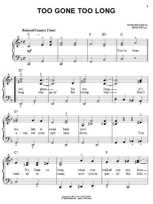 Too Gone Too Long by Randy Travis (Download) » Sheet Music for Piano