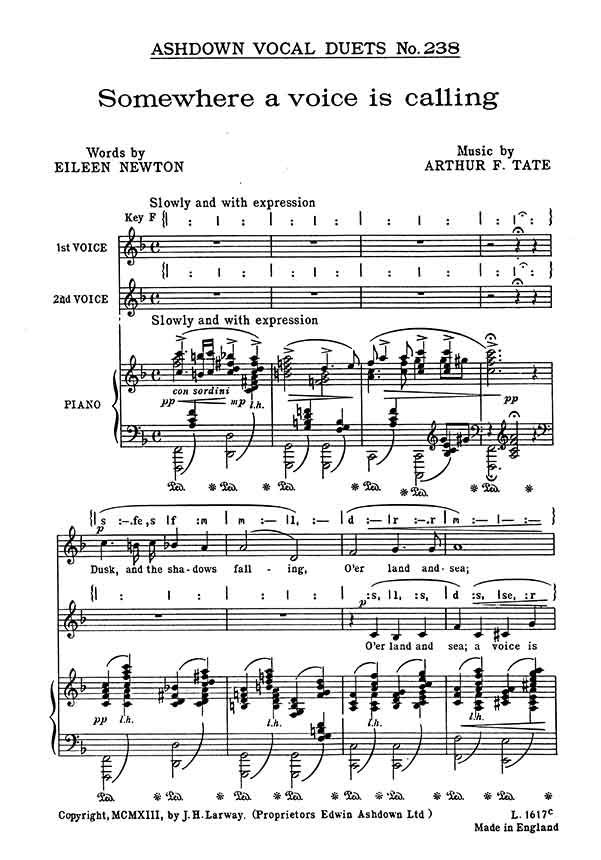 Tate, Af Somewhere A Voice Is Calling 2-Part/Piano » Sheet Music for Choir