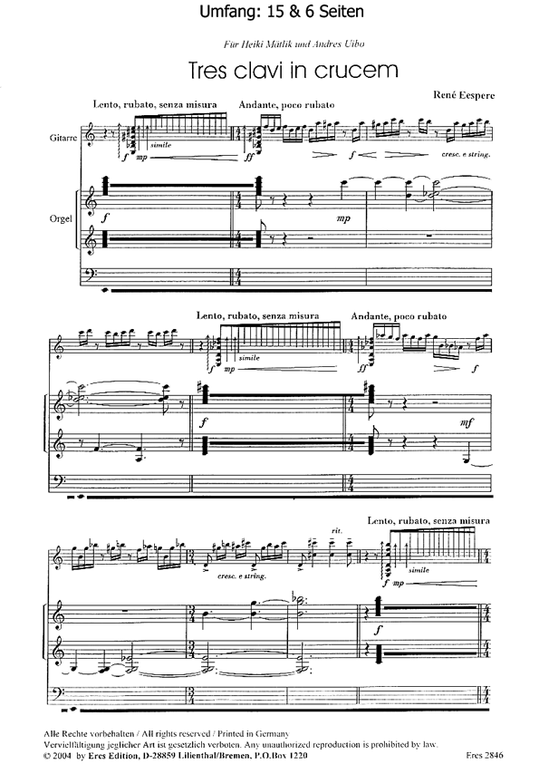 Tres clavi in crucem (Gitarre und Orgel) by René Eespere » Sheet Music ...