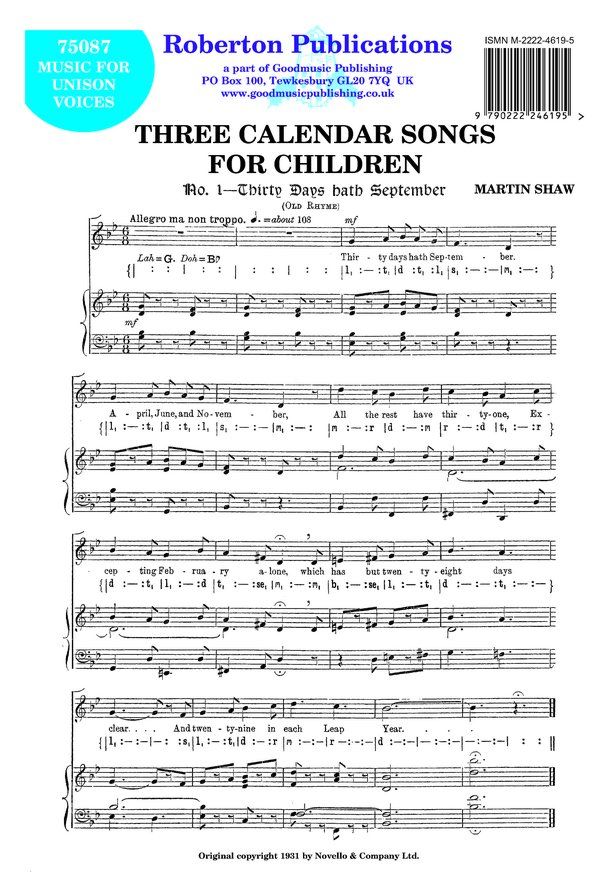 Three Calendar Songs For Children (Martin Shaw) » Sheet Music for Choir