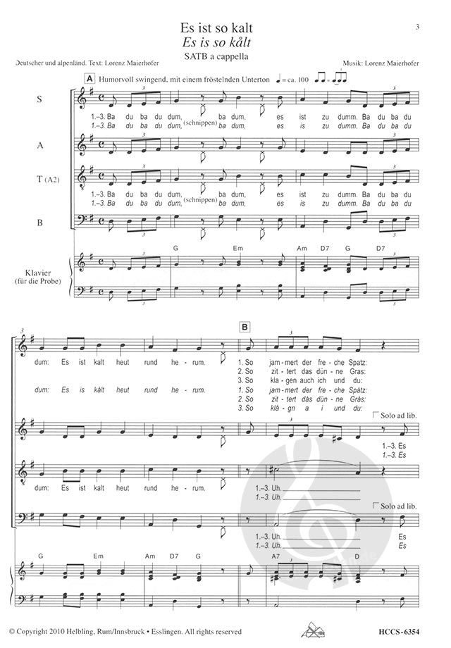 Es ist so kalt (Lorenz Maierhofer) » Sheet Music for Mixed Choir