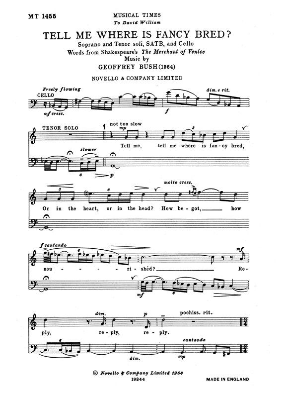 Tell Me Where Is Fancy Bred? by Geoffrey Bush » Mixed Choir Sheet Music