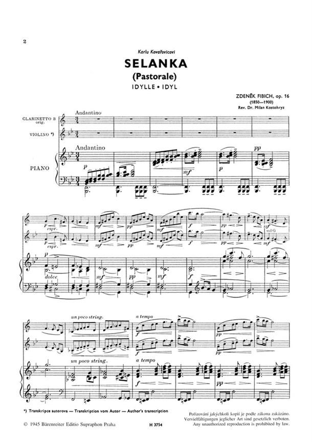 Selenka (Idylle) op. 16 by Zdenék Fibich » Sheet Music for Clarinet